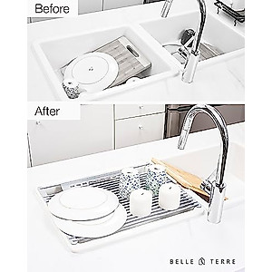 Large Dish Drying Rack for Kitchen Sink - Over Sink Dish Drying Rack to Dry Dishes & Drain Items - Modern & Stylish Dish Rack Set with Extra Side Tray - Space-Saving Roll-Up Counter Drainboard - Grey