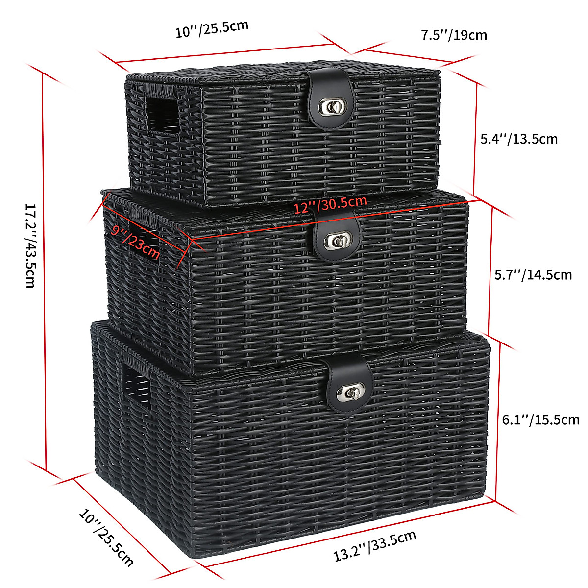 Honygebia Black Wicker Storage Baskets - Set of 3 Decorative Nesting Boxes with Lids, Woven Basket with Lock & Handle, Organizer for Beauty Makeup Bathroom Decor