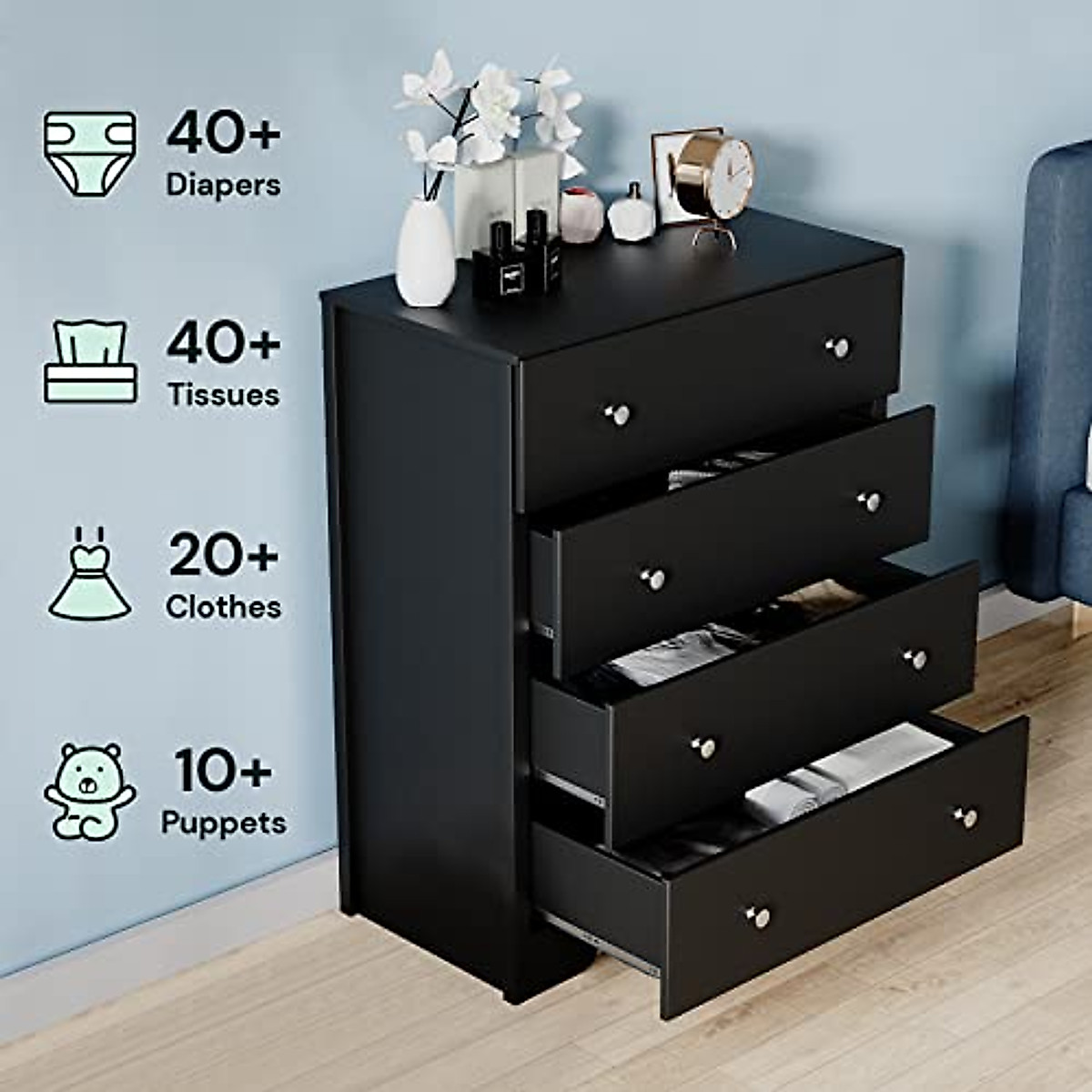 SunsGrove Dresser for Bedroom with 4 Drawers Modern Wooden Dresser for Clothes Organizer Tall Storage Chest of Drawer for Living Room, Children Room, Entryway, Black