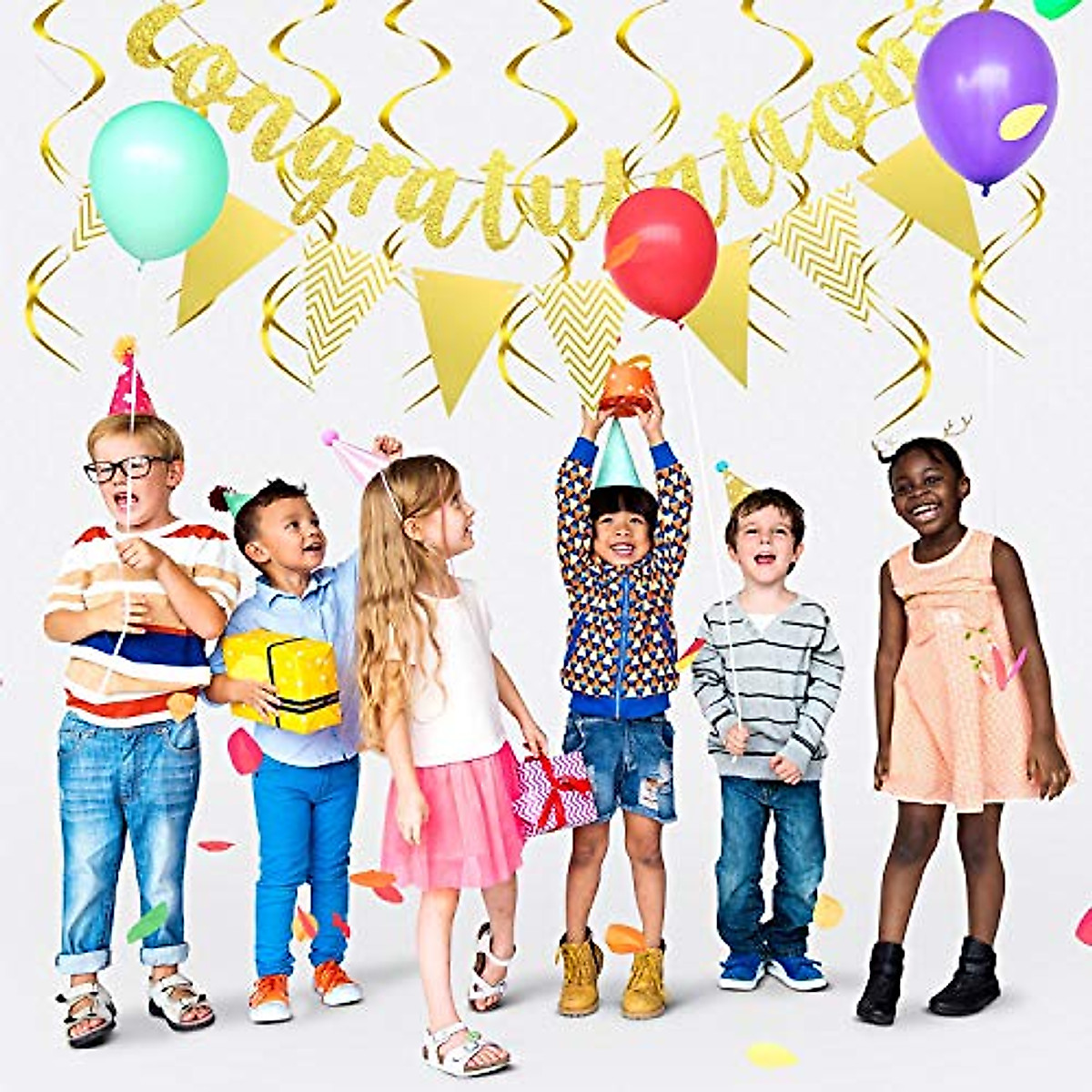 Gold Glitter Congratulations Banner Triangle Flag Banner with 12 Pieces Gold Hanging Swirls for Wedding Retirement Graduation Anniversary Party Decorations