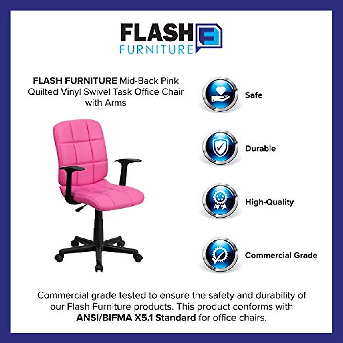 Flash Furniture Clayton Mid-Back Pink Quilted Vinyl Swivel Task Office Chair with Arms