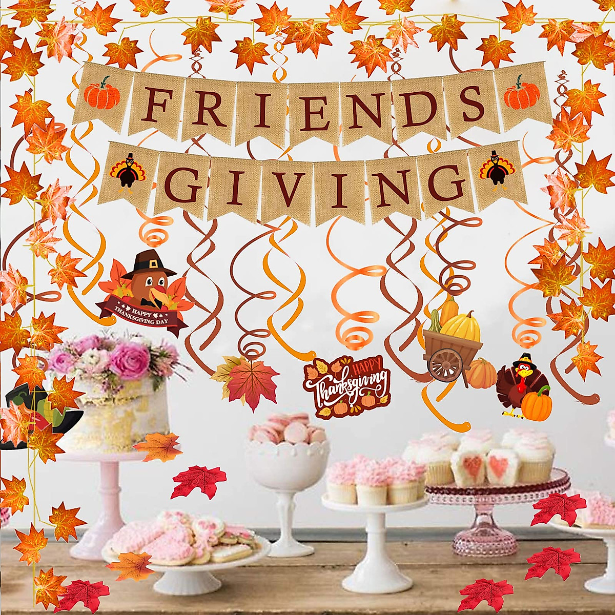 Famoby FRIENDSGIVING Burlap Banner Paper Triangular Bunting Maple leaf Garland Plastic Streamer for Thanksgiving Day Party Decoration