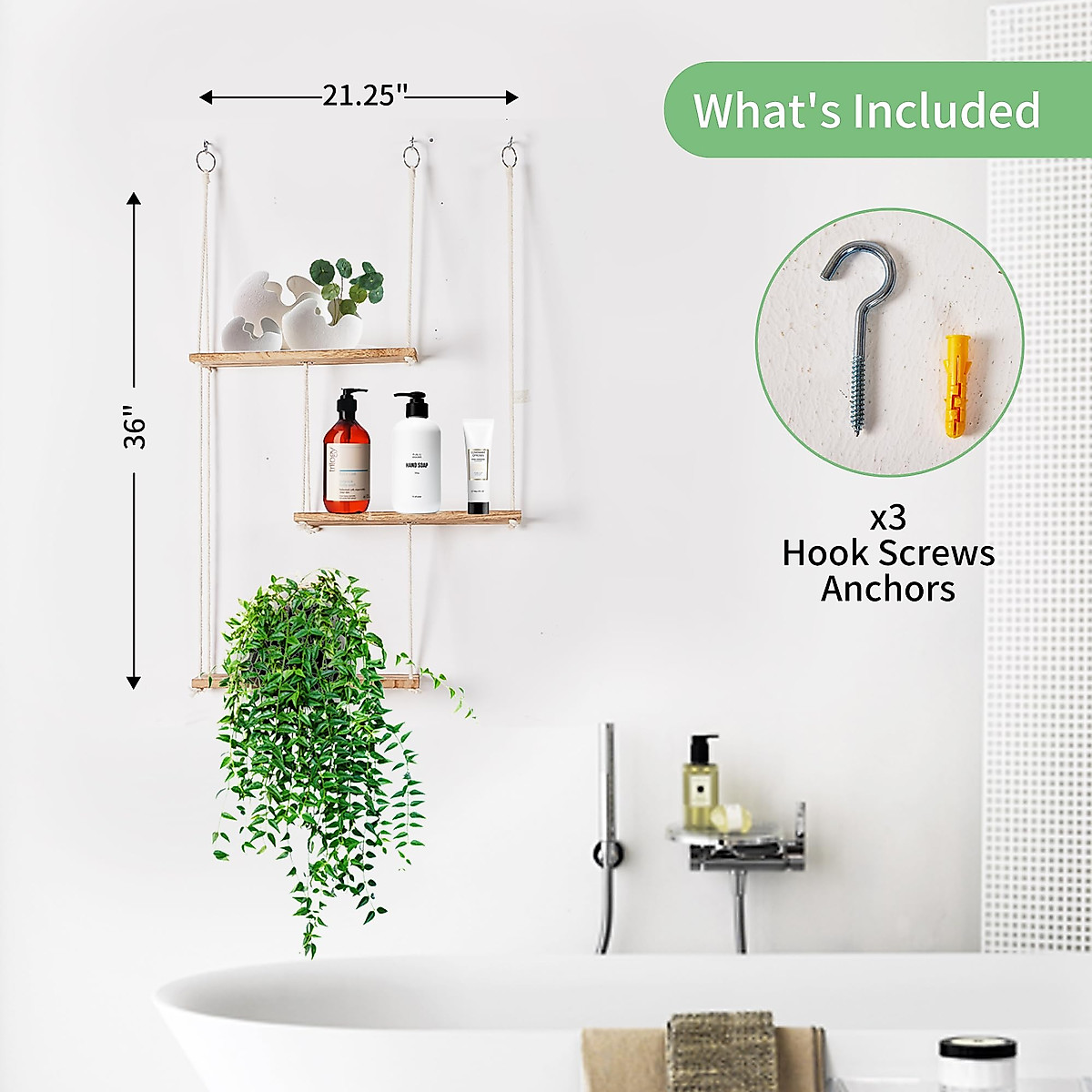 LUNKOEN Lunkeon 3 Tier Macrame Wall Hanging Shelves Boho Room Decor Handmade Cotton Rope,Wooden Hanging Storage Floating Shelves for Small Plants Books Decor,Living Bedroom Room Bedroom