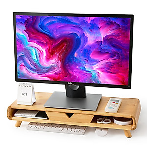 Homerays Bamboo Monitor Stand Riser, No Assembly Required Exquisite Monitor Stand with Drawer, Ergonomic Height Wood Monitor Stand