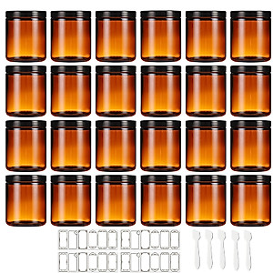 24 Pack 8 oz Amber Glass Jars with lids, Cosmetic Jars with Inner Liners and Black Lids, Lotion Jars, Candle Making Jars for Lotions, Scrubs and Cosmetic, Lables and Spatulas Include