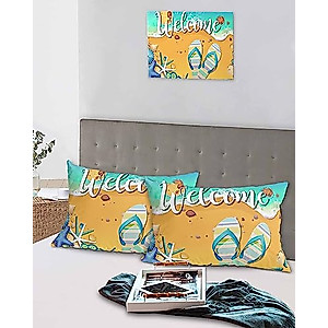 Edwiinsa Beach Pillow Covers Standard Size Set of 2 20x26 Bed Pillow, Summer Ocean Starfish Seashells Slippers Blue Sea Plush Soft Comfort for Hair/Skin Cooling Pillowcases with Envelop Closure