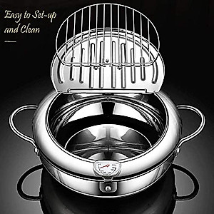 Deep Fryer Pot, 3.4L Tempura Deep Frying Pot 304 Stainless Steel with Temperature Control and Oil Filter Rack for French Fries and Chicken(9.5inch）