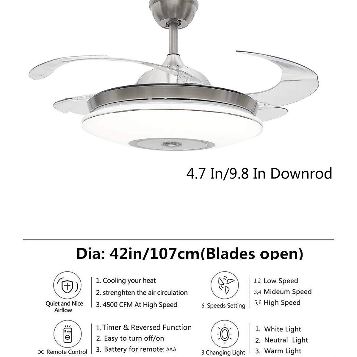 YEELED Light 42" Remote Control Retractable Reversible Ceiling Fans with 3 Changing Light Color Invisible Ceiling Fan Chandelier for Indoor Bedroom Ceiling Light Kits with Fans (42 Inch, Silver-02)