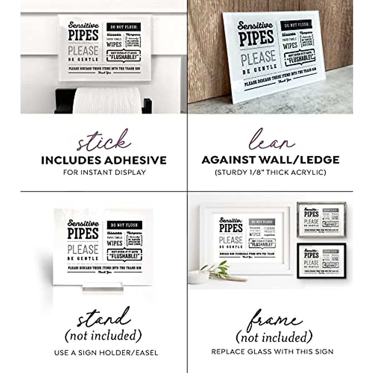 5x7 Inch Sensitive Pipes Designer Bathroom Sign ~ Ready to Stick, Lean or Frame ~ Premium Acrylic Plexiglass, Durable (White)