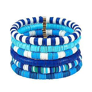 Ornaland 6PCS Heishi Surfer Bracelets Set 6mm Polymer Clay Heishi Beads Stretch Bracelets Bohemia Summer Beach Jewelry for Women (Blue)