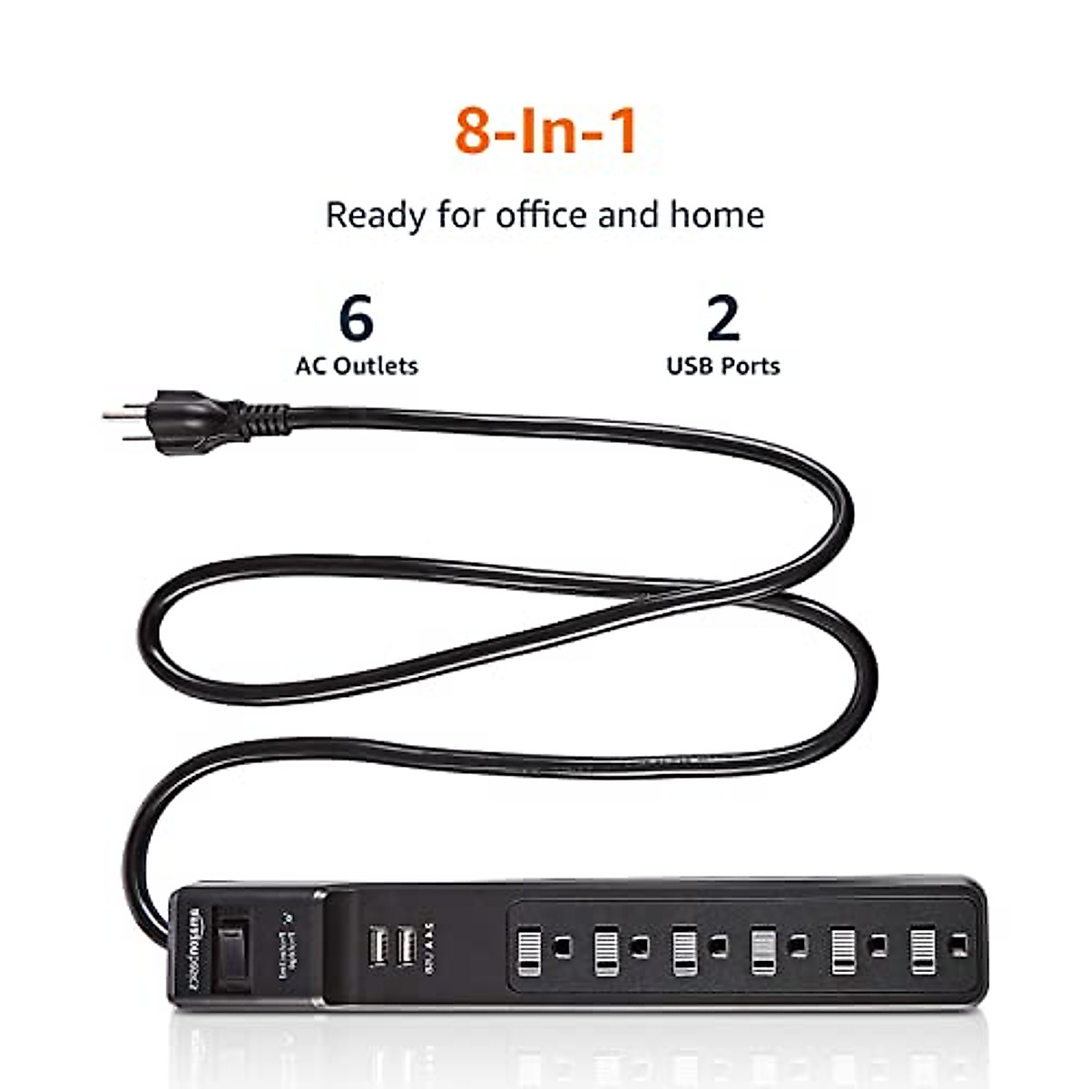 Amazon Basics 6-Outlet Surge Protector Power Strip with 2 USB Ports - 1000 Joule, Black