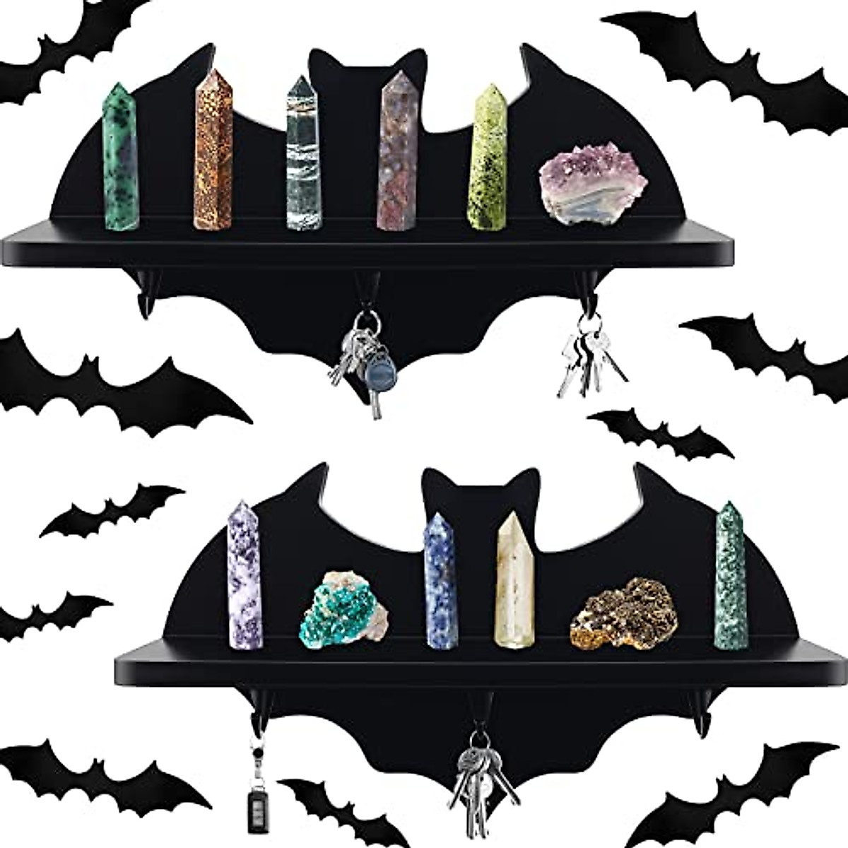 Wood Gothic Home Decor 2 Sets Wood Bat Shelf with 28 Pieces Plastic Bat Wall Stickers Wooden Bat Floating Shelves with Screws Wood Halloween Christmas Display Shelves Wall Decor Halloween Wall Decals