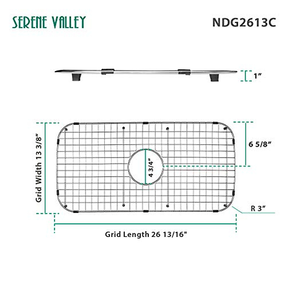 Serene Valley Sink Grid 26-13/16" x 13-3/8", Centered Drain with Corner Radius 3", NDG2613C