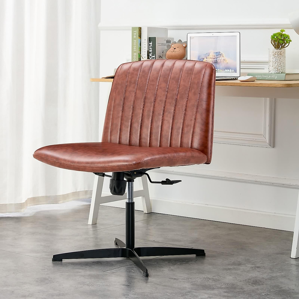 Daesar Office Chair Brown Pu Material. Home Computer Chair Office Chair Adjustable 360 °Swivel Cushion Chair with Black Foot Swivel Chair Makeup Chair Study Desk Chair. No Wheels