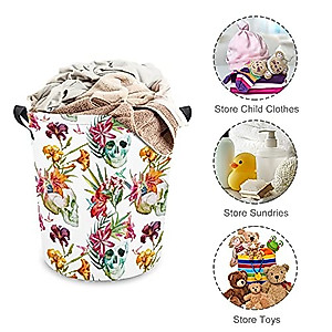 Skull with Flowers Oxford Cloth Laundry Basket with Handles Storage Basket for Toy Organizer Kids Room Nursery Hamper Bathroom