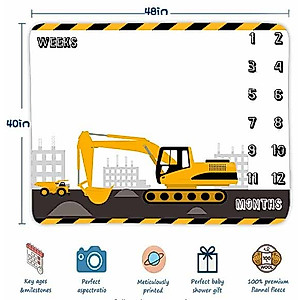Construction Baby Monthly Milestone Blanket for Boys and Girls, Excavator Truck Month and Age Blanket, 48x40in Soft Flannel, White Monthly Newborn Gift Baby Photo Blanket