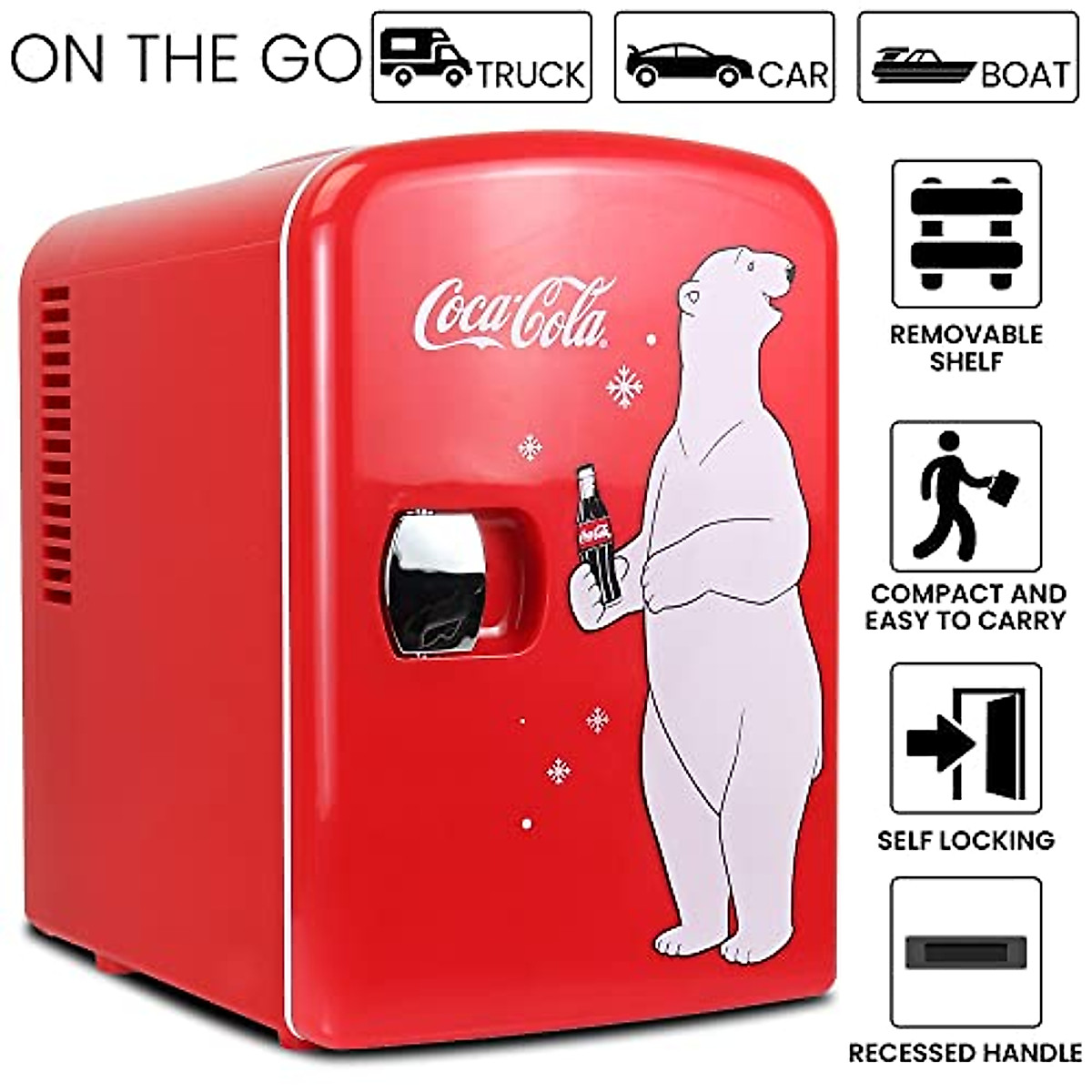 Coca-Cola 4L Portable Cooler/Warmer, Compact Personal-Travel-Fridge for Snacks Lunch Drinks Cosmetics, Includes 12V and AC Cords, Cute Desk Accessory for Home Office Dorm , Red, Polar Bear