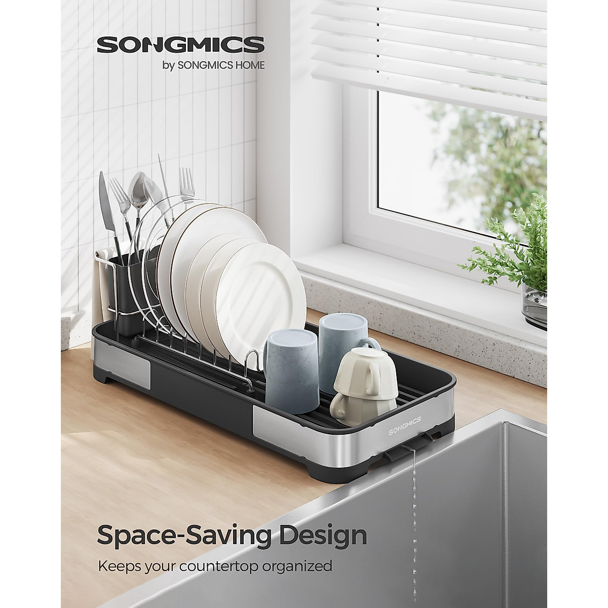 SONGMICS Small Dish Drying Rack, Dish Dryer for Kitchen Counter, Stainless Steel Dish Rack with Drain, Utensil Holder, Rustproof, for Dishes, Knives, Spoons, Forks, Silver and Black UKCS034B01