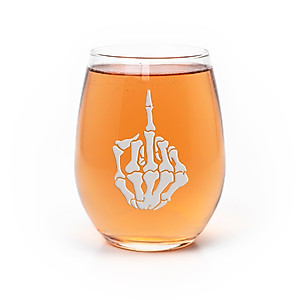 Skeleton Middle Finger Stemless Wine Glass - Skeleton Gift, Middle Finger Gift, Skeleton Wine Glass, Middle Finger Wine Glass