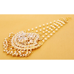 Touchstone Indian Bollywood Pretty Magical Floral Handcrafted Indian Mughal Kundan Look Faux Pearls Hangings Head Enhancing Bridal Designer Jewelry Jhoomer in Gold Tone for Women.