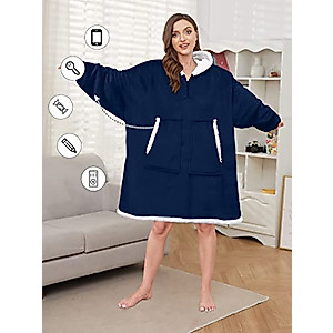 Lushforest Blanket hoodie, Oversized Wearable Blanket Hoodie Adult, Sherpa Fleece Hoodie Blanket Sweatshirt Throw with Zip for Women Men Dark Blue