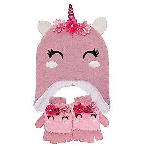 Little Girls Winter Unicorn Beanie Hat and Gloves Set Kids Knitted Earflap Cap Flip Top Mitten Set