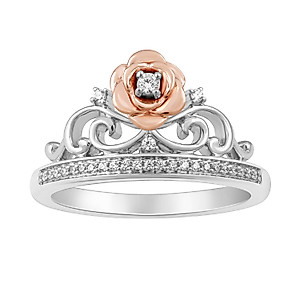 Jewelili Enchanted Disney Fine Jewelry Sterling Silver and 10K Rose Gold 1/10 CTTW Belle Rose Tiara Ring