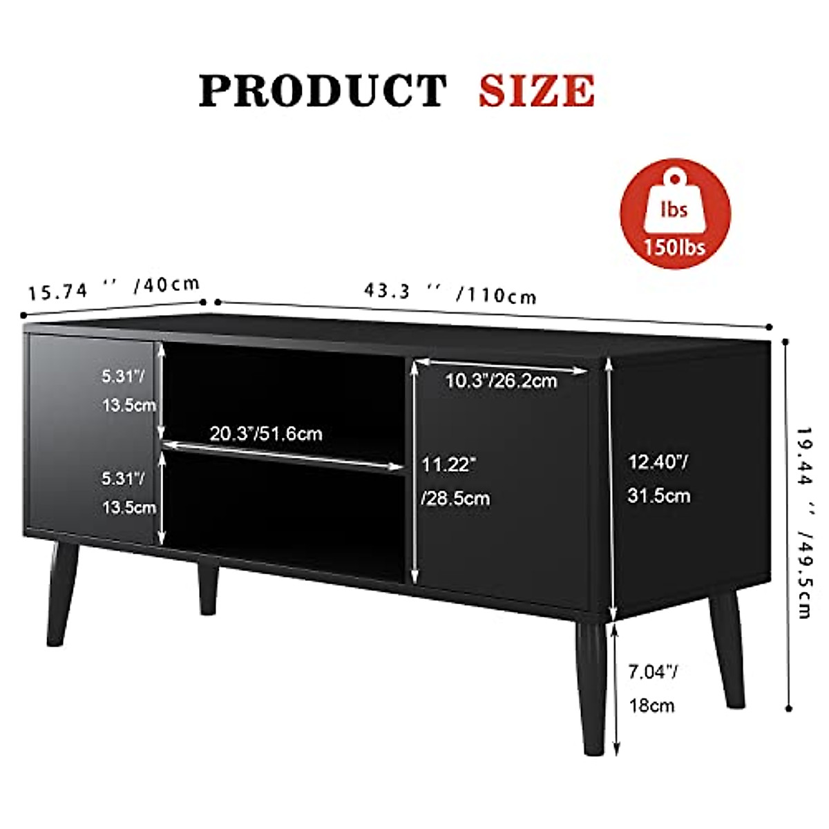 Yusong Retro TV Stand for 55 Inch TV, Entertainment Centers for Living Room Bedroom, Wood TV Bench Table TV Console TV Cabinet with 2 Storage Cabinets and Open Shelves, Black