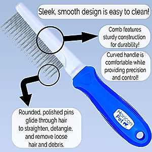 Horicon Pet Detangling Grooming Comb with Long & Short Stainless Steel Metal Teeth - Dogs, Cats & Small Animals for Removing Matted Fur, Knots & Tangles