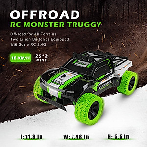 INVINZER RC Car 1:16 Scale Remote Control Car Off Road 18 KM/H with Two Rechargeable Batteries for 40+ Min Play Fast RC Monster Vehicle Truck Crawler Toy Car Gift for Boys and Girls