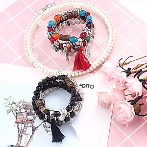 LOYALLOOK 8 Sets Bohemian Stackable Bead Bracelets for Women Stretch Multilayered Boho Stackable Bracelets Stack Beads Multicolor Beaded Strand Bangle Charm Bracelets Boho Tassel Bracelet Set Handmade