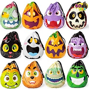 JOYIN 60PCS Halloween Drawstring Treat Bags, Goodie Candy Trick or Treat Bags Bulk in 12 Cute Monster Designs, Small Plastic Gifts Bags for Kids Trick or Treating, Halloween Party Favors Supplies