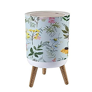Small Trash Can with Lid Summer floral seamless with wild flowers on pastel blue Watercolor Garbage Bin Wood Waste Bin Press Cover Round Wastebasket for Bathroom Bedroom Diaper Office Kitchen