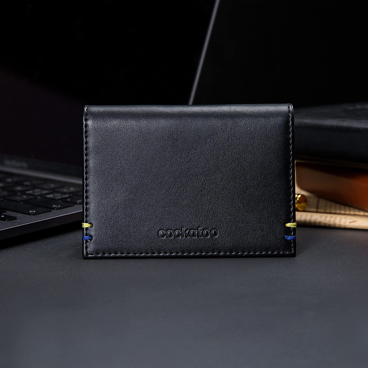 Cockatoo Business Card Case Holder for Men & Women, Genuine Leather Vertical Bifold RFID Front Pocket Wallets