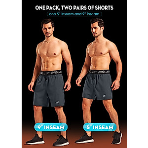 ACESHIP 2 Pack Workout Running Shorts Quick Dry Athletic Shorts 5" and 9" Lightweight Gym Shorts with Zipper Pockets Gray