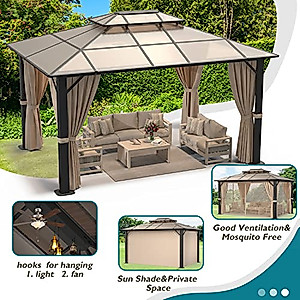 Binplax Hardtop Gazebo Polycarbonate Double Roof Canopy Curtains Aluminum Frame with Netting for Garden, Patio，10' ×13'