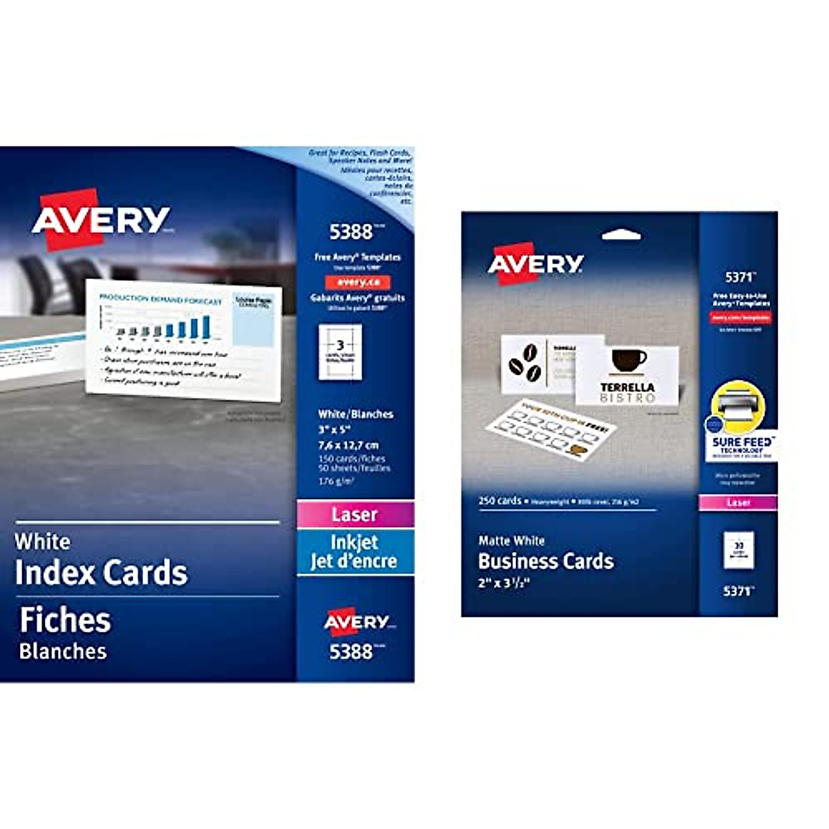 Avery Printable 3" x 5" Cards, 150 Blank Index Cards - Great for Recipe Cards and Flashcards & Printable Business Cards, Laser Printers, 250 Cards, 2 x 3.5
