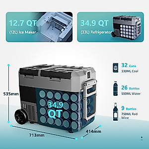 EUHOMY 12 Volt Refrigerator with Ice Maker, 48QT(45L) Electric Cooler Usable Battery Dual Zone, Car Refrigerator APP Control, 12V Fridge 12/24V DC 110-240V AC for Camping, Travel, Outdoor, Home