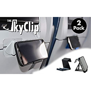 The SkyClip - (Black, 2 Pack Airplane Cell Phone Seat Back Tray Table Clip and Sturdy Phone Stand, Compatible with iPhone, Android, Tablets, and Readers