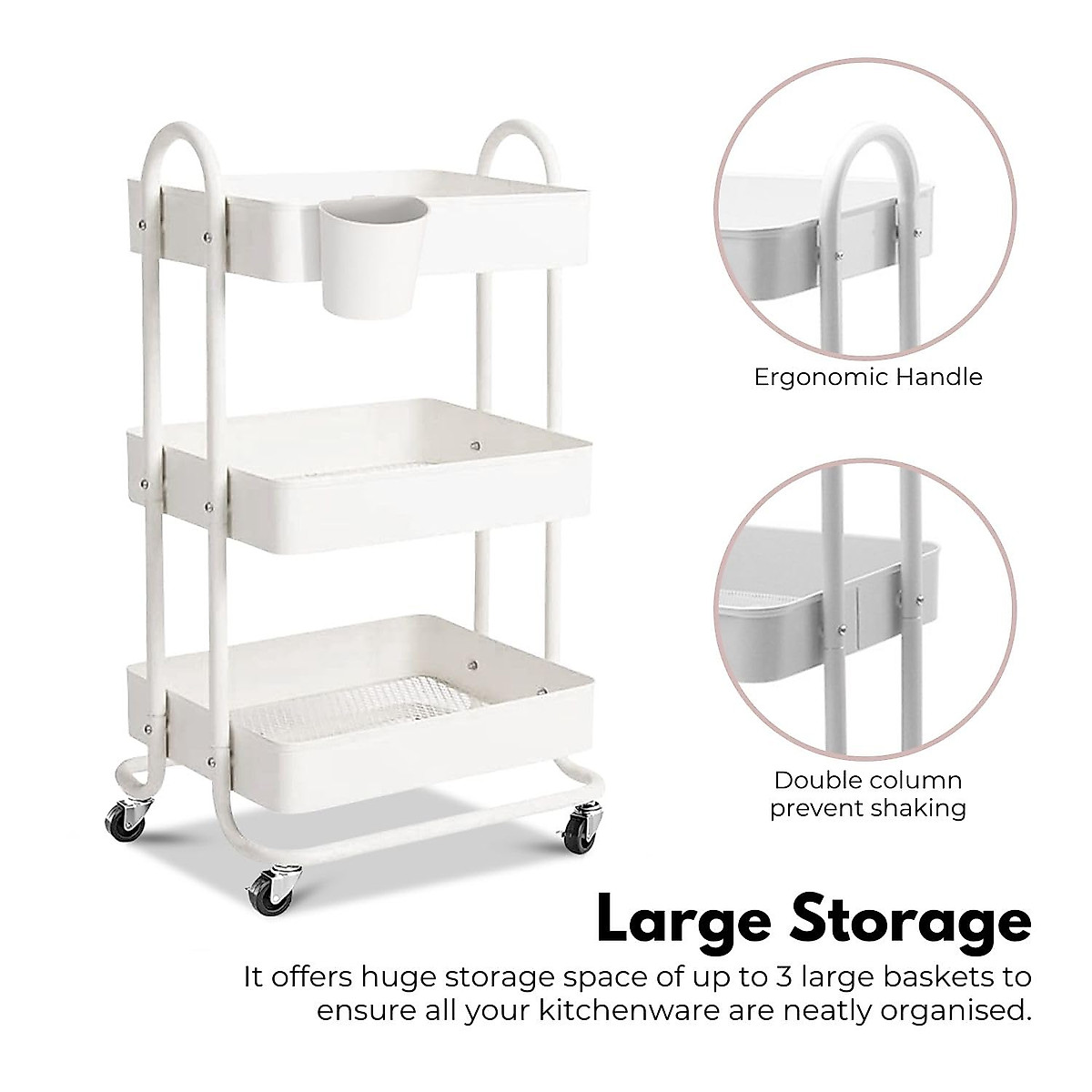 EKKIO Rolling Cart, 3 Tier Rolling Cart, Storage Cart, Rolling Carts with Wheels, Book Cart, Craft Cart, Lash Cart, Rolling Storage Cart Organizer, Nail Cart, Baby Cart, Bathroom Cart, Diaper Cart