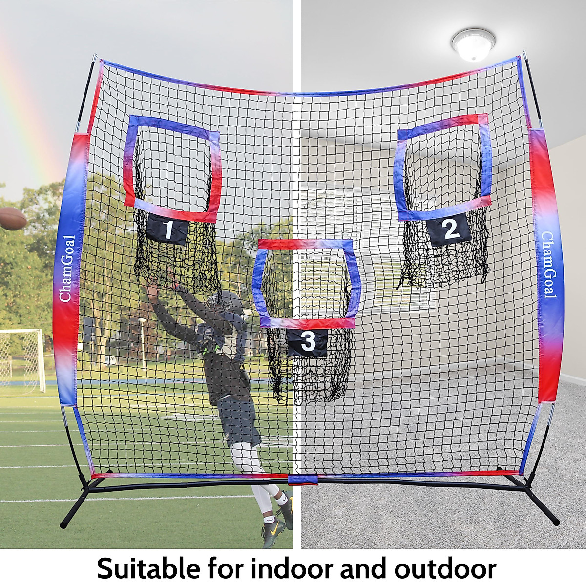 ChamGoal Football Trainer Throwing Net,7X7FT Football Throwing Net with 3 Targets Zone,Quarterback Training Equipment Includes Foldable Frame and Portable Carry Bag,Football Practice Net for Backyard