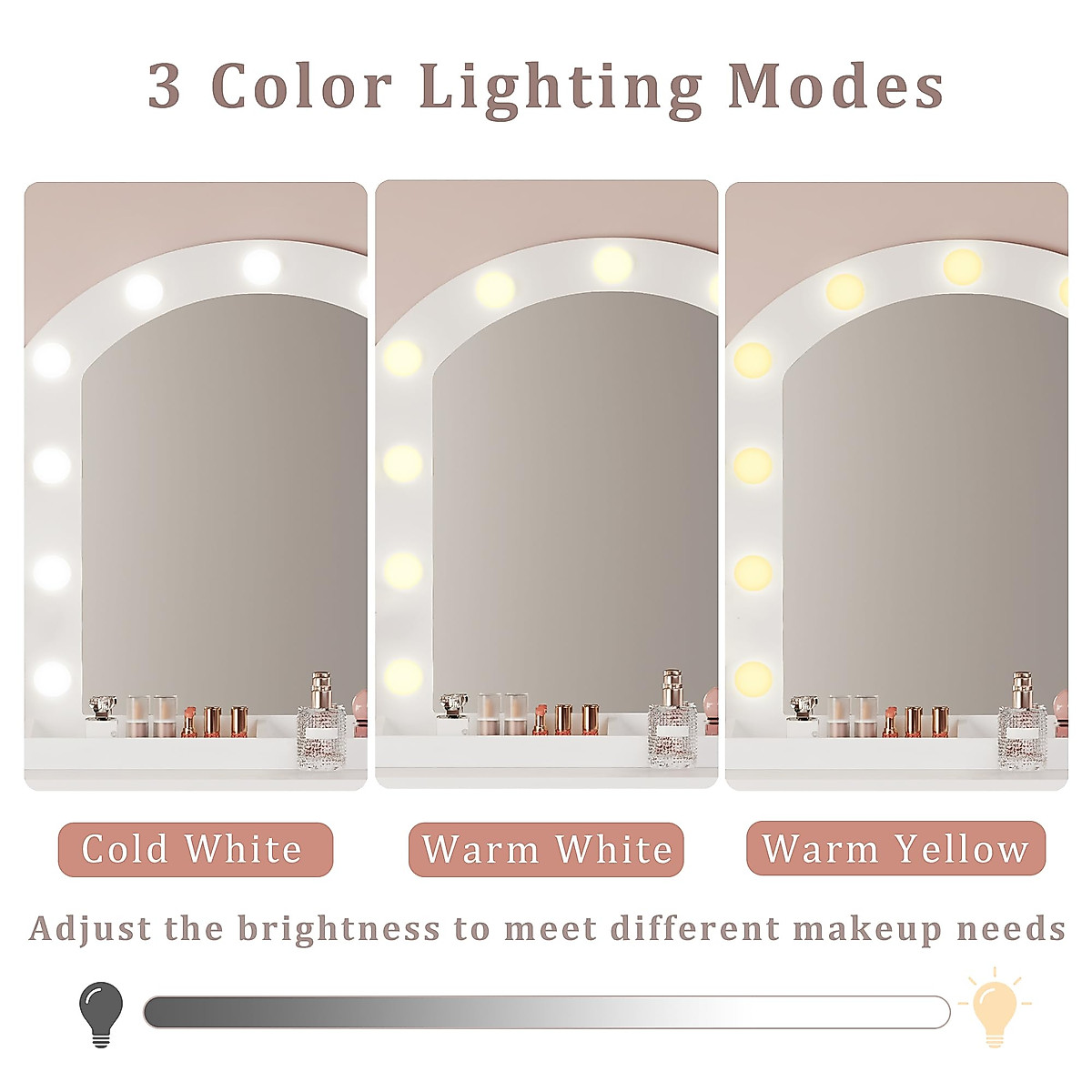 ALEXNUTRE Makeup Vanity Desk with Mirror and Lights, Vanity with Power Outlet, 3 Lighting Color Adjustable for Bedroom, Large Drawers and Storage Shelves, White