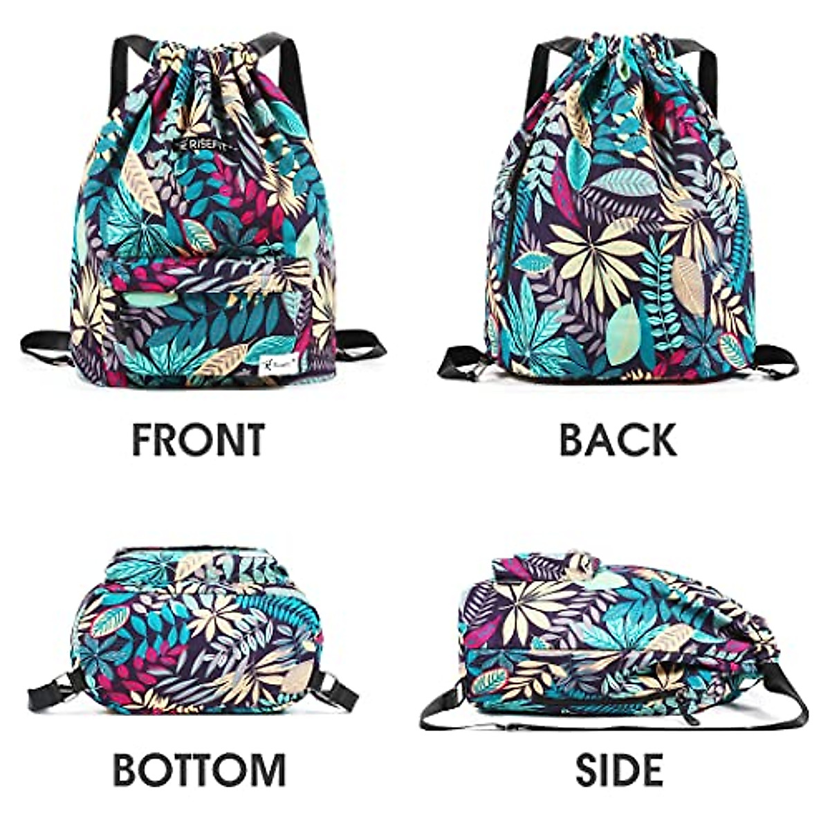 Risefit Water Resistant Drawstring Bag, Gym Bag Sackpack Sports Beach Backpack for Men Women (Blue Leaves)