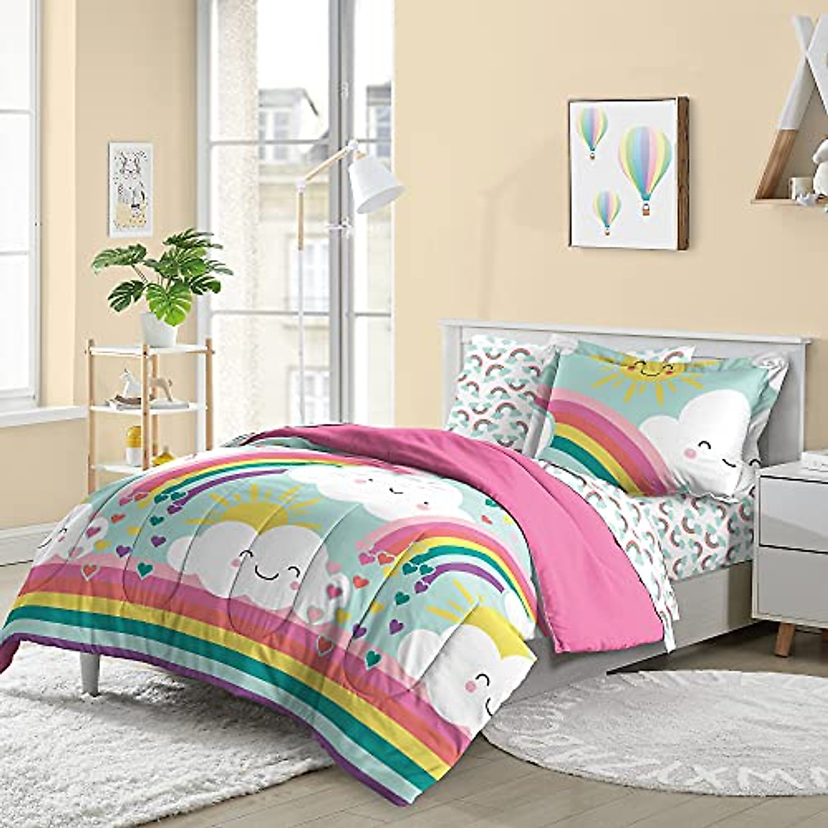 dream FACTORY Kids 5-Piece Complete Bed Set Easy-Wash Super Soft Microfiber Comforter Bedding, Twin, Teal Rainbow Flare, (2D872501TE)