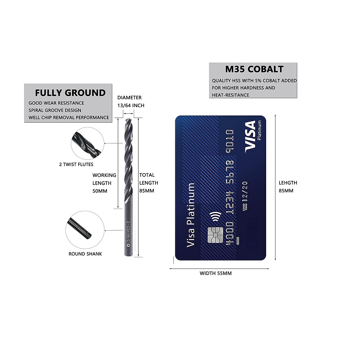 DelitonGude 13/64''inch HSS M35 Cobalt Twist Drill Bits,High Speed Steel,Pack of 10,Suitable for Steels,Cast Iron,Stainless Steel,Copper and Other Hard Metals（13/64inch）