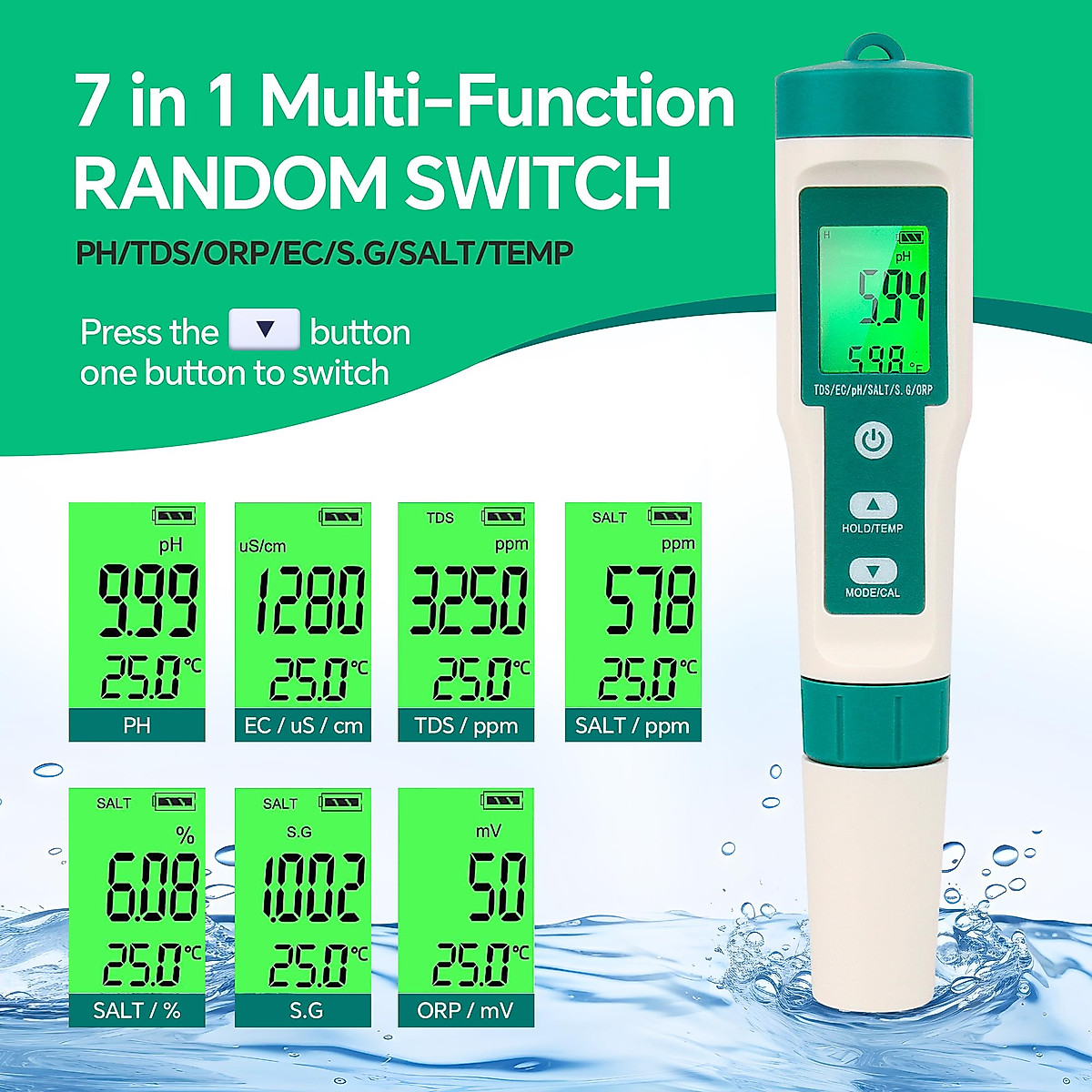 RAINLEOTI PH and TDS Meter, 7-in-1 Digital pH Tester for Water, PH/TDS/EC/SG/ORP/Salt/Temp