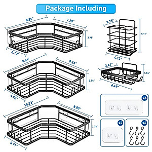Wiqeerilly Corner Shower Caddy, Adhesive Bathroom Shower Organizer with 22 Hooks, 304 Stainless Steel Rustproof Shower Shelf for Inside Shower & Kitchen Storage - 5 Pack (Matte Black)