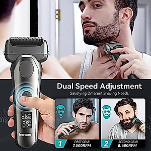 Electric Razor for Men, kensen Men's Double Speed Foil Electric Razor, Wet/Dry IPX6 Waterproof Electric Shavers for Men with Pop-up Beard Trimmer, Cordless Rechargeable Mens Razor
