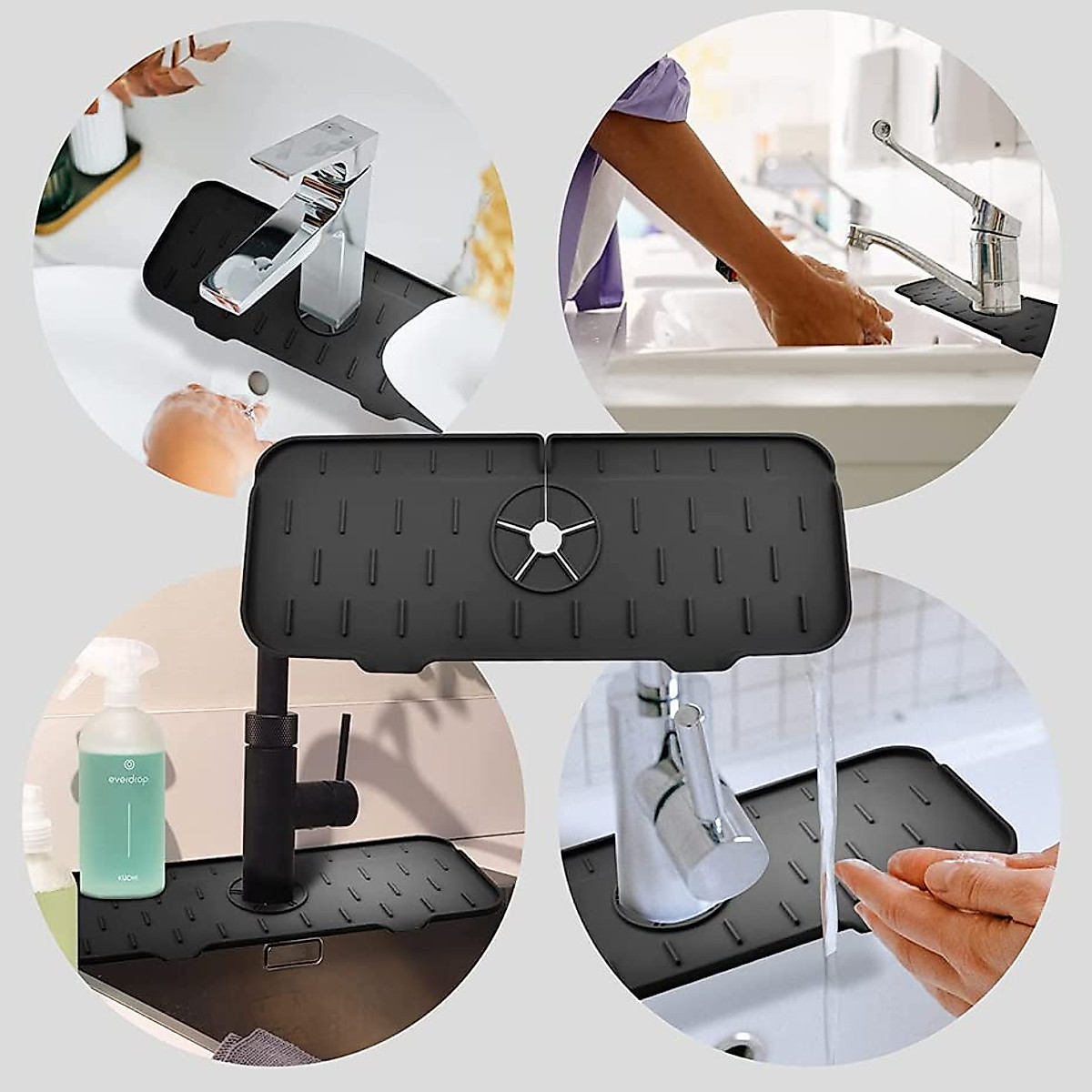 Silicone Sink Splash Guard with Dish Soap Sponge Holder, Bathroom Faucet Water Catcher Mat, Absorbent Drain Drying Pad, Mat Self Draining Drip Catcher, Black, 14.6 x 5.5 x 4.3, (J-BLACK)