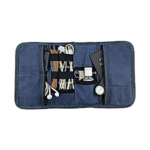 Hide & Drink, Multi Purpose Travel Organizer Roll for Cables Handmade from Full Grain Leather & Waxed Canvas (Blue Mar)
